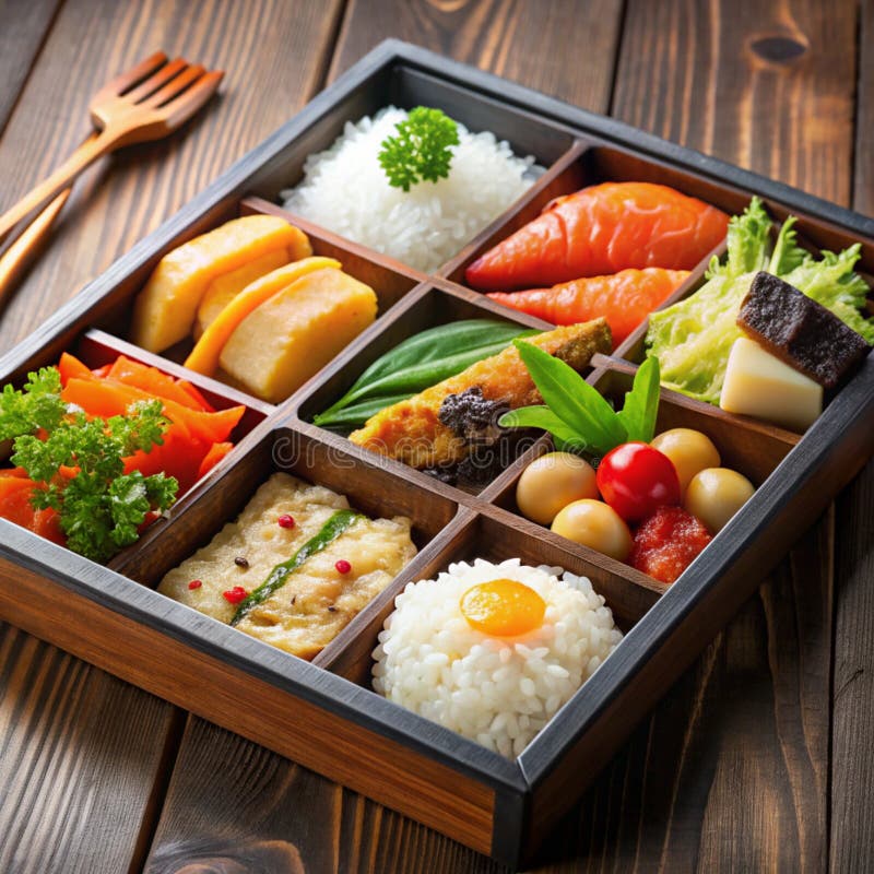 A Traditional Japanese Bento Box with Rice, Fish, and Pickled ...