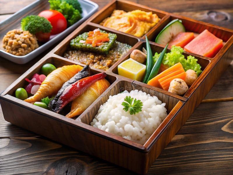 A Traditional Japanese Bento Box with Rice, Fish, and Pickled ...