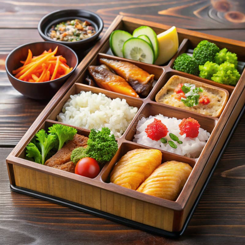 A Traditional Japanese Bento Box with Rice, Fish, and Pickled ...
