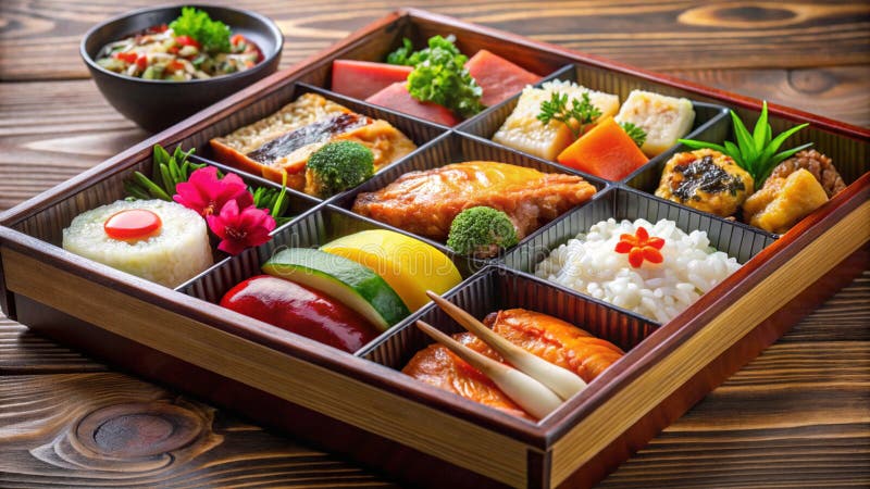 A Traditional Japanese Bento Box with Rice, Fish, and Pickled ...