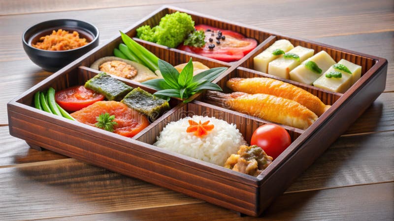 A Traditional Japanese Bento Box with Rice, Fish, and Pickled ...