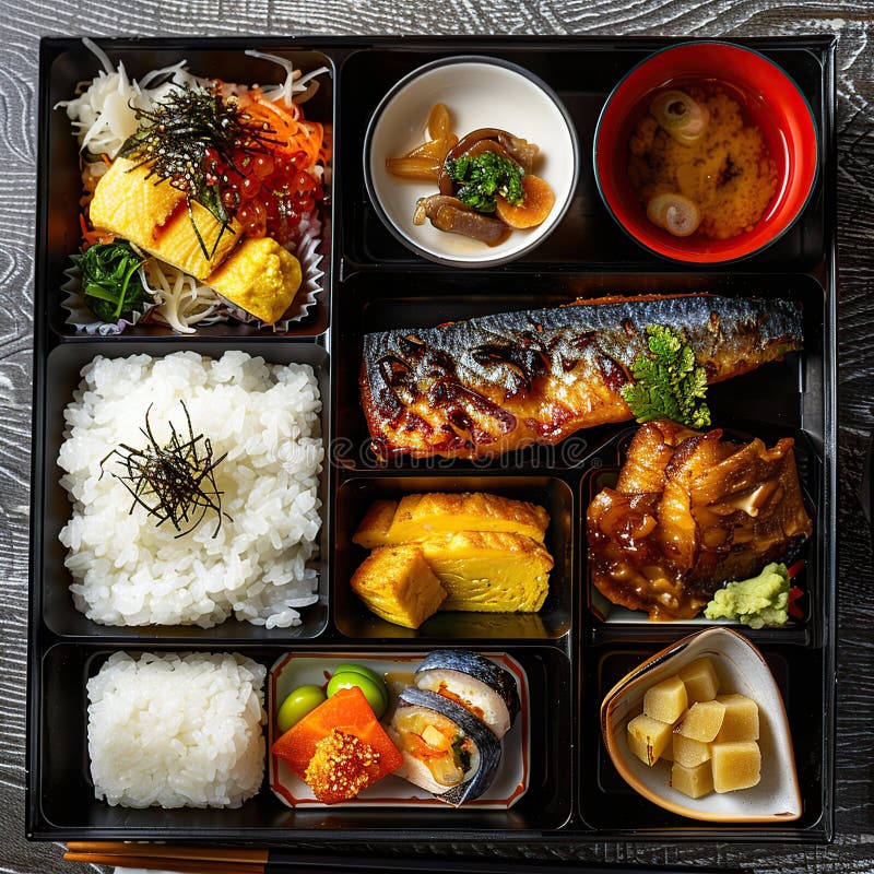Traditional Japanese Bento Box with Rice, Fish, and Side Dishes Stock ...