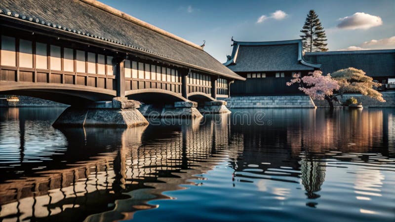 Traditional Japanese Bridge Over a Calm Pond with Reflections of the ...