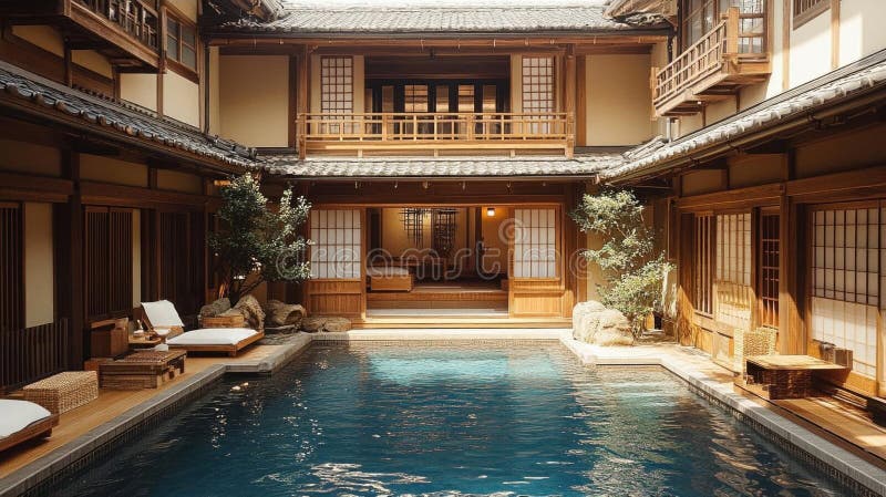 Traditional Japanese Courtyard with Pool and Wooden Architecture Stock ...