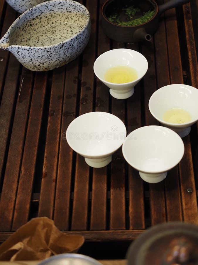 Traditional Japanese Green Tea Set with White Ceramic Cups Stock Photo ...