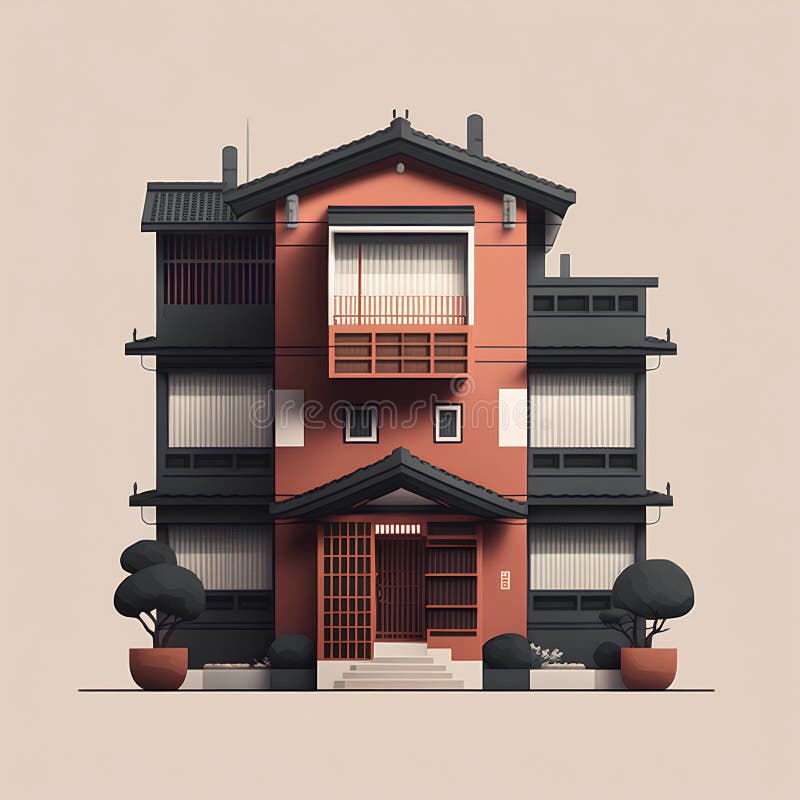 Traditional Japanese House with Windows and Balconies. Vector ...