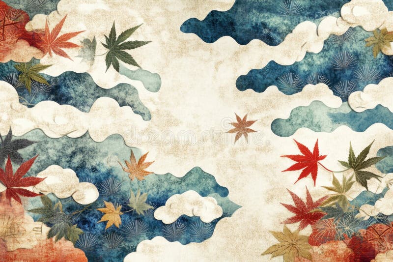 Traditional Japanese Ink Art with Maple Leaves and Clouds Stock ...