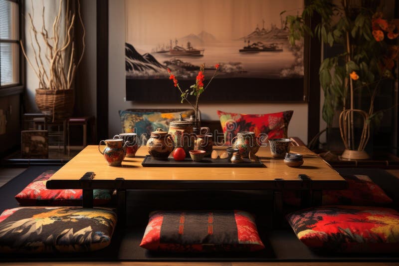 A Traditional Japanese Low Table with Matching Floor Cushions Stock ...