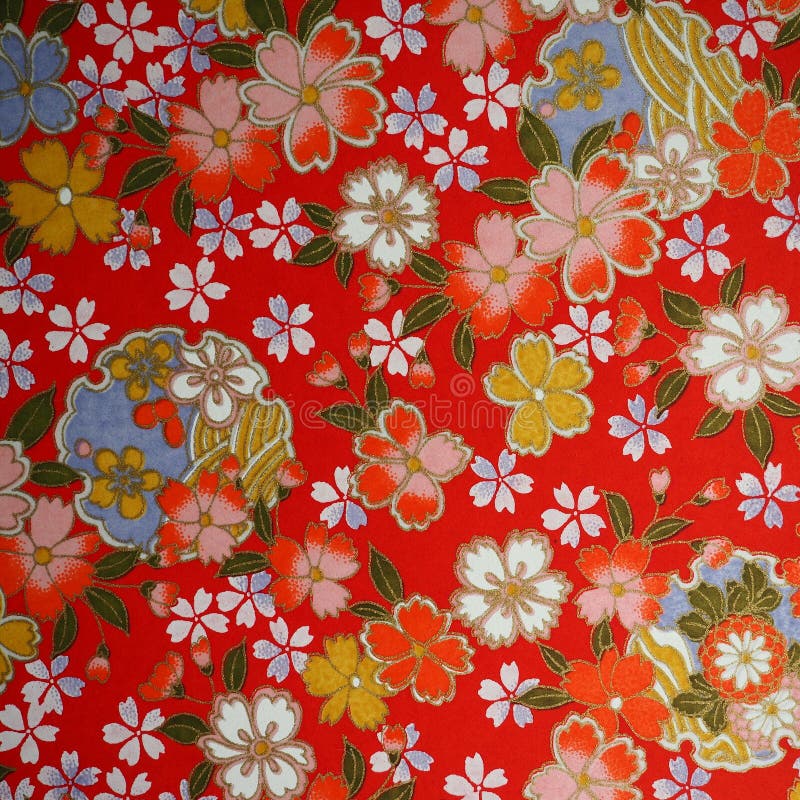 Traditional Japanese Patterns with Floral Theme on Red Background Stock ...