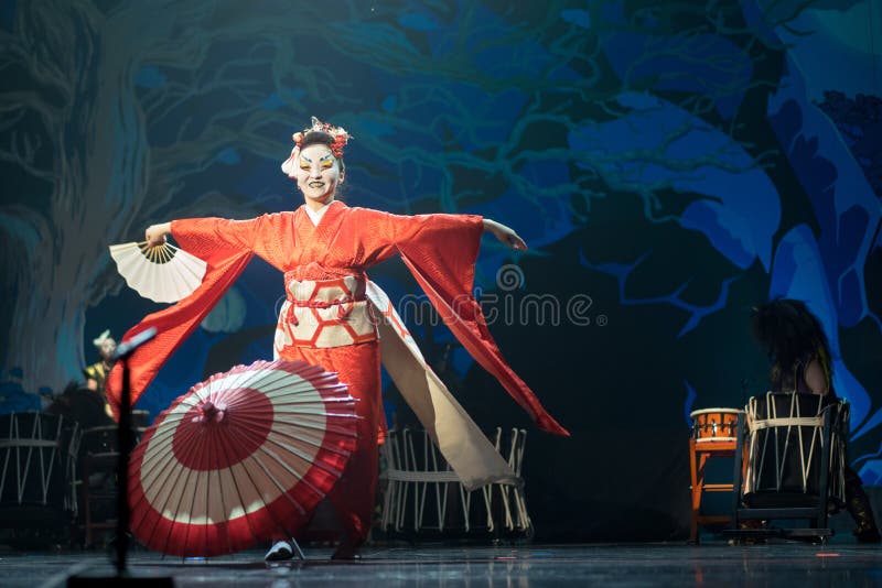 Traditional Japanese Performance. Actress in Red Stock Photo - Image of ...
