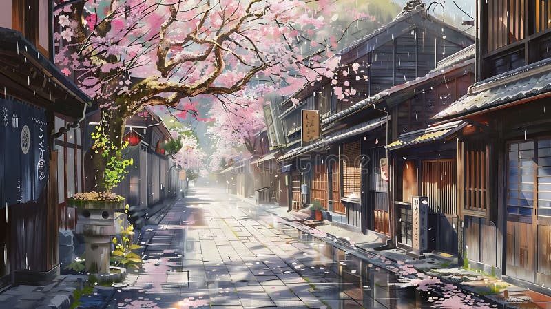 Traditional Japanese Street in Spring Stock Illustration - Illustration ...