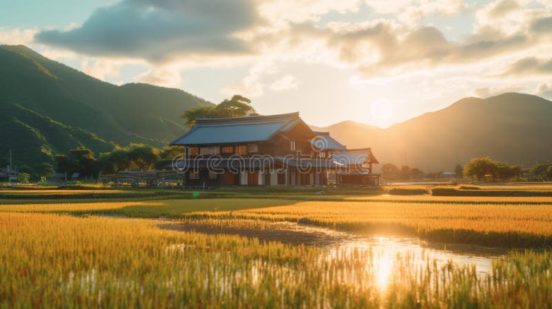Traditional Japanese Style House in Middle of Rice Field and Mountains ...