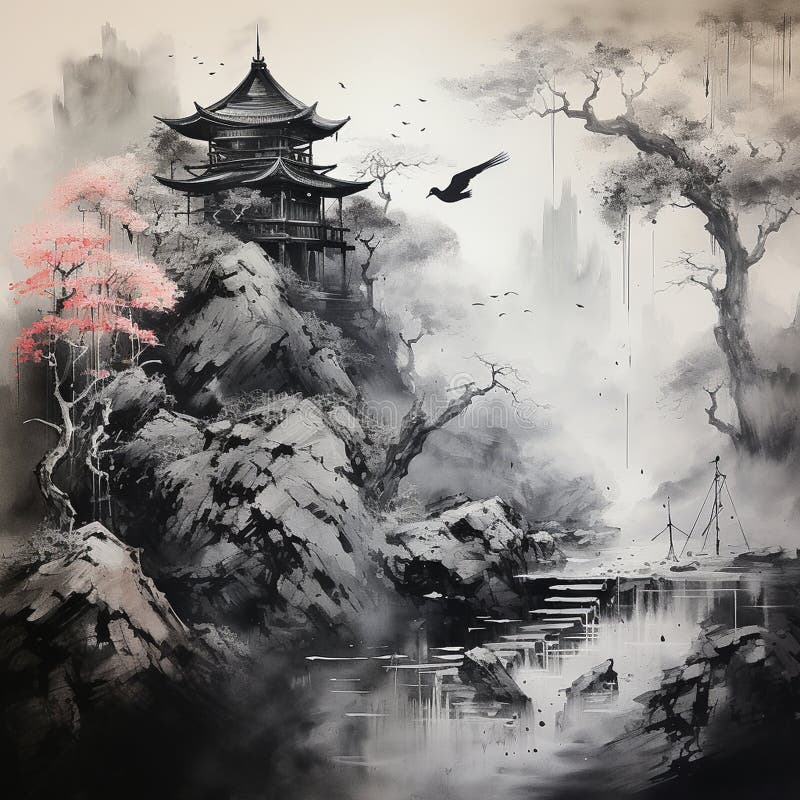 Traditional Japanese Sumi-e Bird Painting Stock Illustration ...