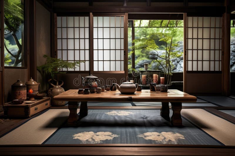 A Traditional Japanese Tatami Mat and Low Table Setup Stock Image ...