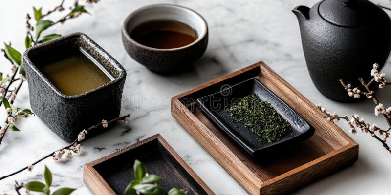 Traditional Japanese Tea Ceremony Setup on Marble Surface Stock ...