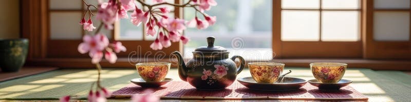 Traditional Japanese Tea Set with Sakura Blossoms in Sunlit Room Stock ...