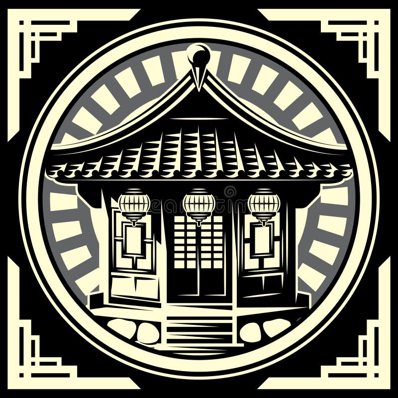 Traditional Japanese Temple in a Circular Frame with Lanterns and Steps ...