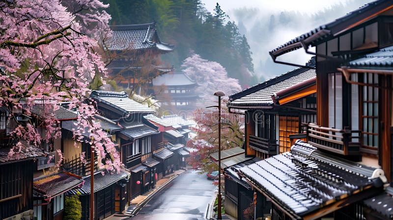 Japanese Town with Cherry Blossoms Stock Illustration - Illustration of ...