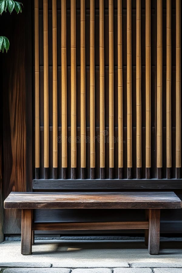 Traditional Japanese Wooden Bench in Front of Bamboo Wall Stock Photo ...