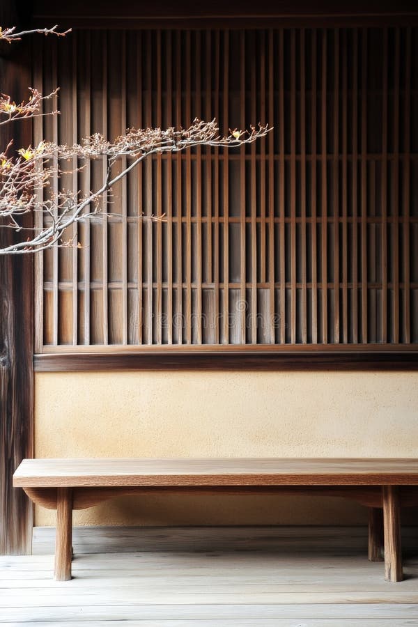 Traditional Japanese Wooden Bench and Sliding Screen in Serene Setting ...