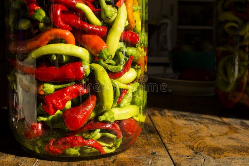 Traditional Jarred Yellow, Green, Red, Hot Peppers. Stock Photo - Image ...