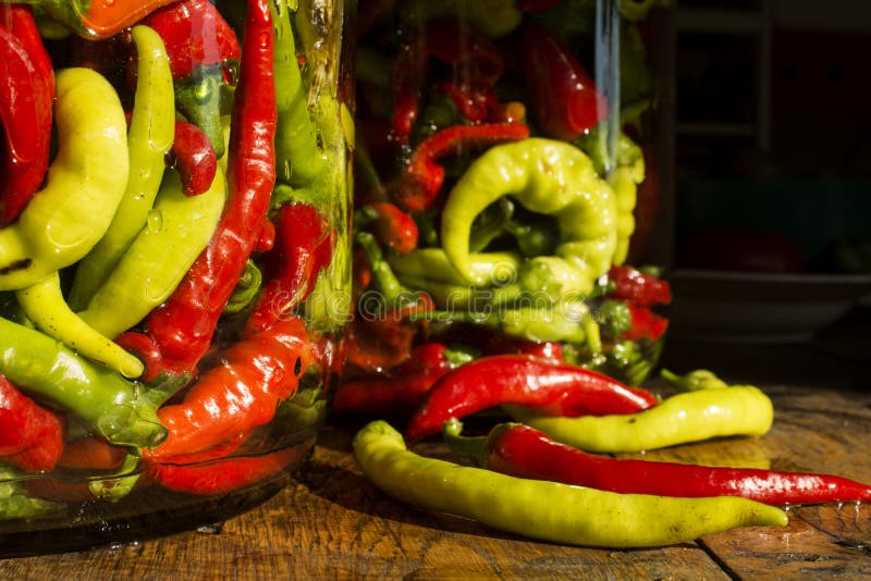Traditional Jarred Yellow, Green, Red, Hot Peppers. Stock Photo - Image ...