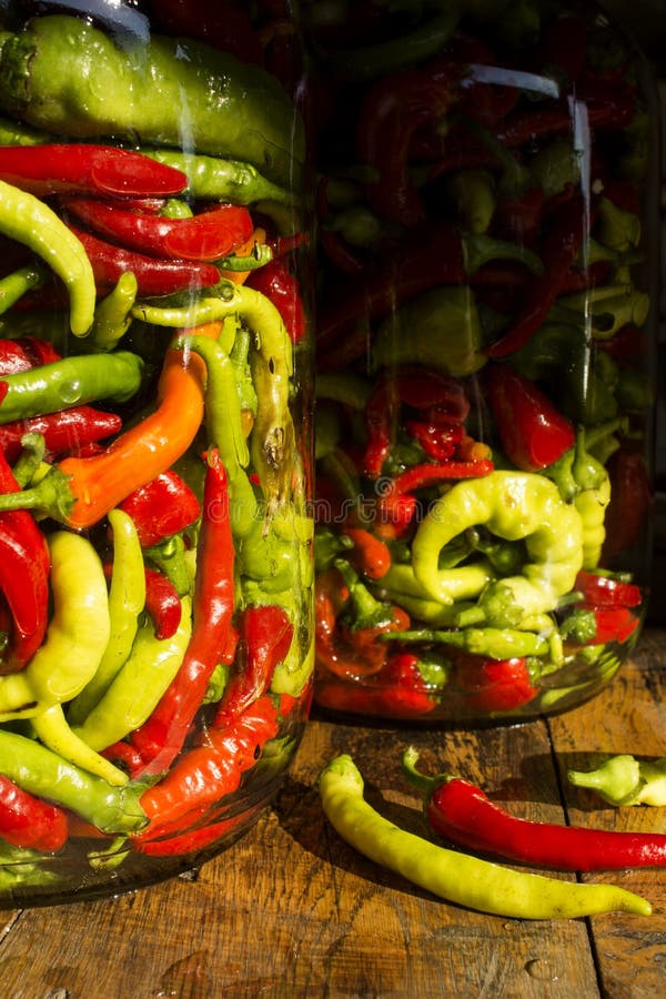 Traditional Jarred Yellow, Green, Red, Hot Peppers. Stock Image - Image ...