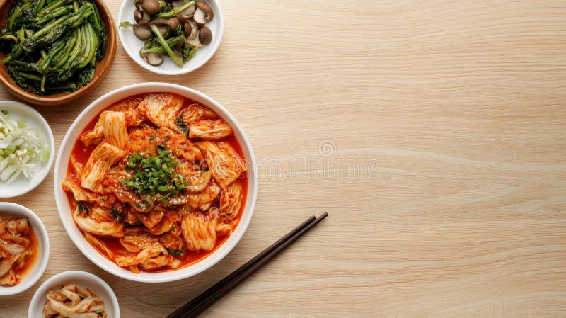 Traditional Korean Kimchi with Assorted Side Dishes on Wooden Table ...