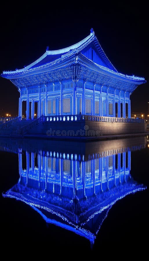 Traditional Korean Palace, Illuminated Architecture at Night, Blue ...