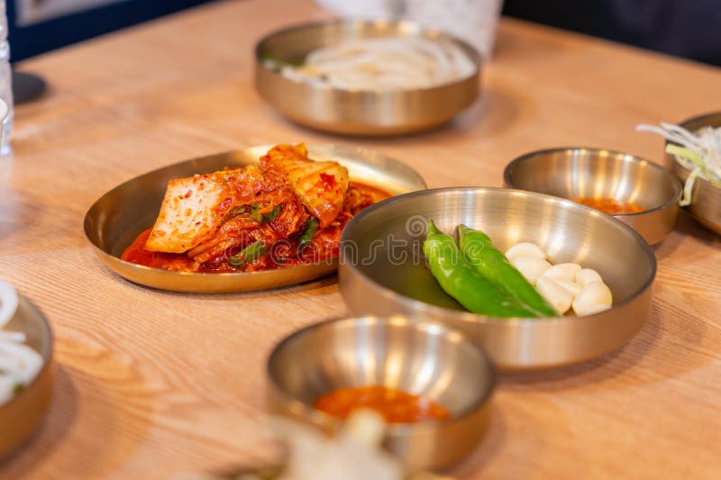 Traditional Korean Side Dishes on Table, Kimchi in Bowl Stock Photo ...