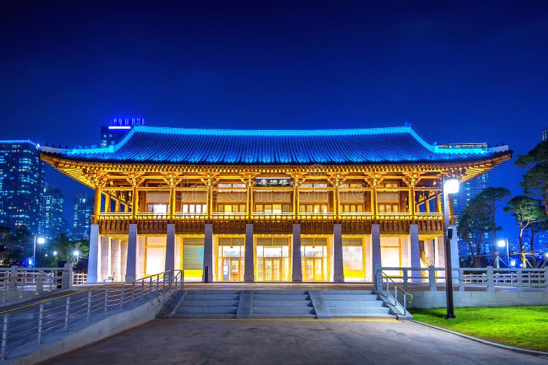 Traditional Korean Style Architecture at Night in Korea Stock Photo ...