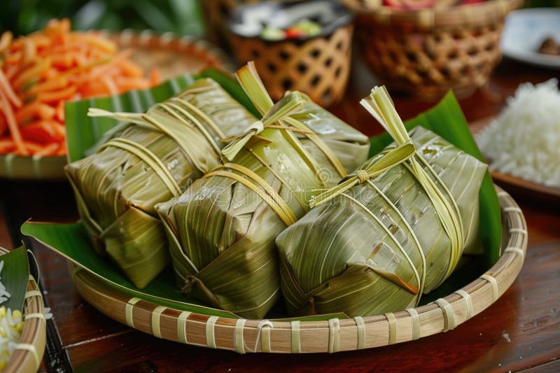 Traditional Leaf-wrapped Rice in Basket on Wooden Table. Stock Photo ...