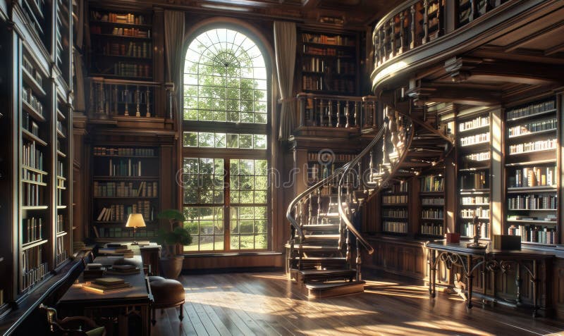 Traditional Library Setting with a Spiral Staircase Stock Photo - Image ...