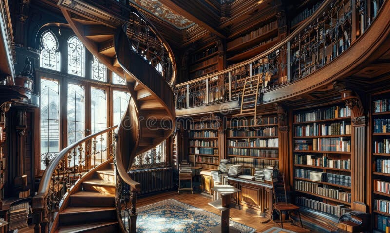 Traditional Library Setting with a Spiral Staircase Stock Image - Image ...