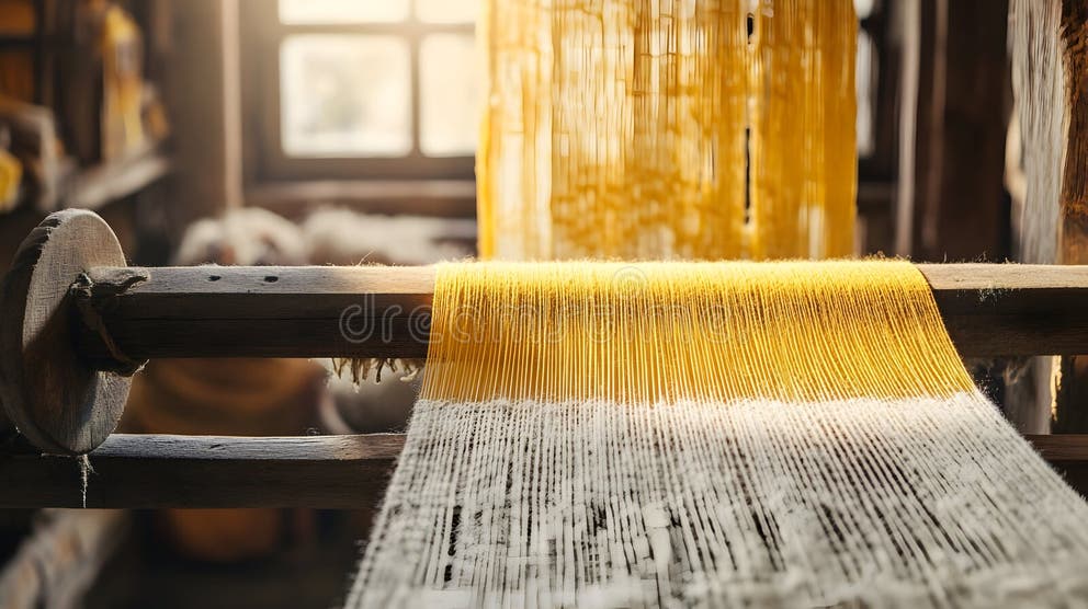 Traditional Loom Weaving Bright Yellow Thread in Sunlit Workshop Stock ...