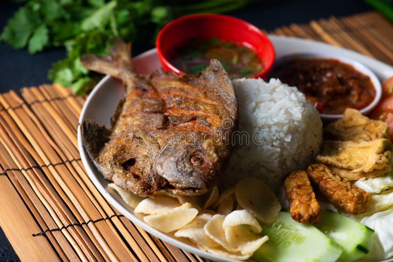Traditional Malay Indonesian Fried Pomfret Fish Rice Stock Image ...