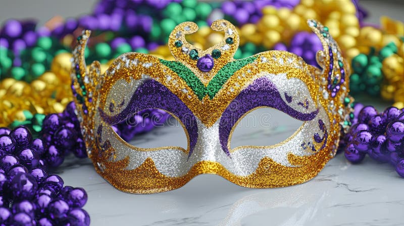 A Traditional Mardi Gras Mask Resting on a Glossy White Table for Stock ...