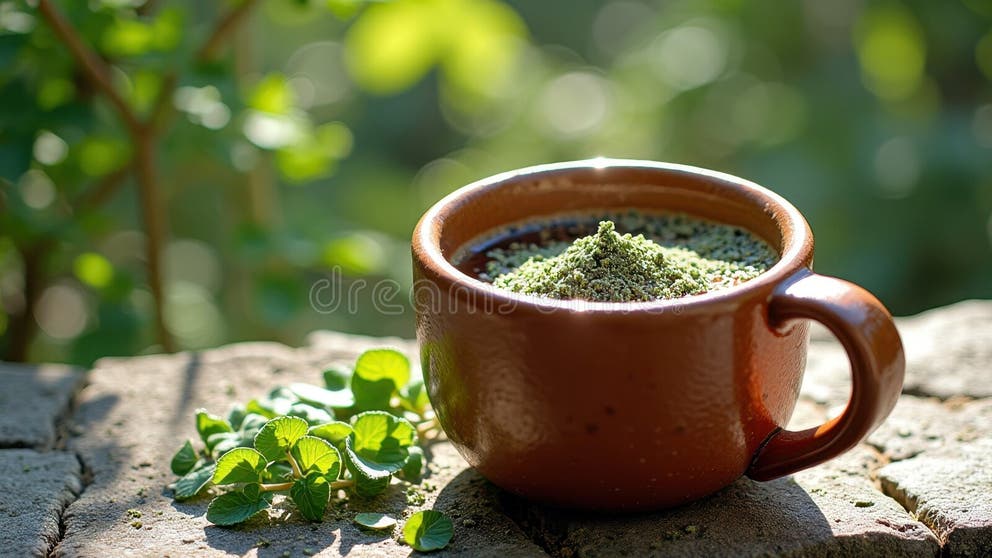 Traditional Mate Drink in Ceramic Mug with Fresh Yerba Leaves Outdoors ...