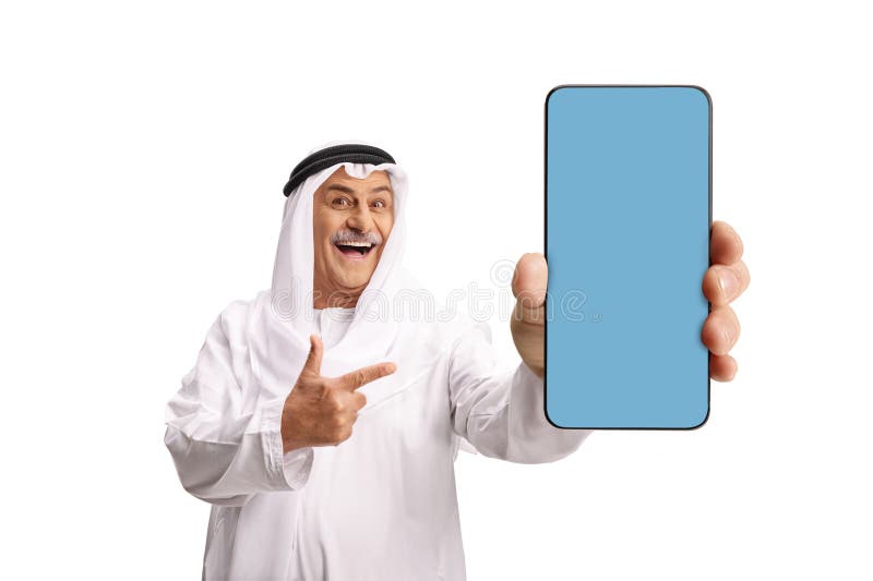 Traditional Mature Arab Pointing at a Blue Smartphone Screen Stock ...