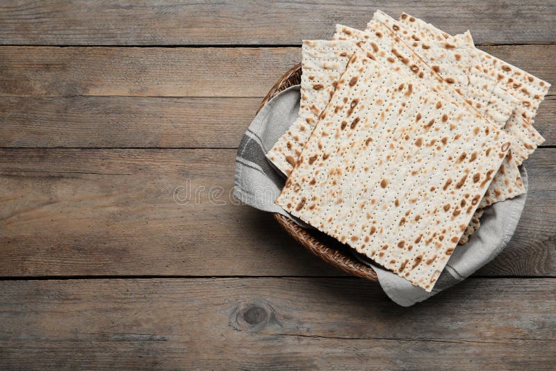 Traditional Matzos in Basket on Wooden Table, Top View. Space for Text ...