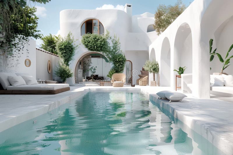 Traditional Mediterranean White House with Pool Against Blue Sky Stock ...