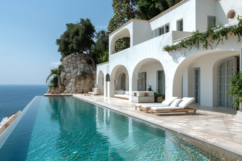 Traditional Mediterranean White House with Pool Against Blue Sky Stock ...