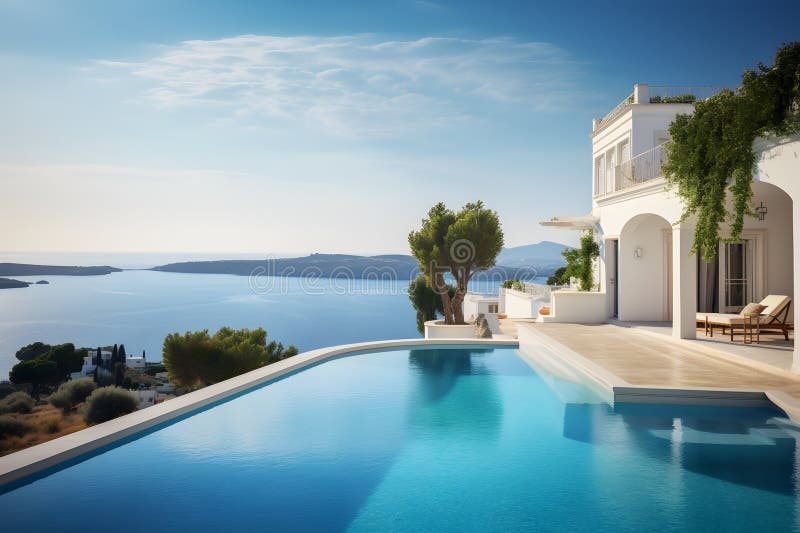 Traditional Mediterranean White House with Pool Ai Generated Stock ...