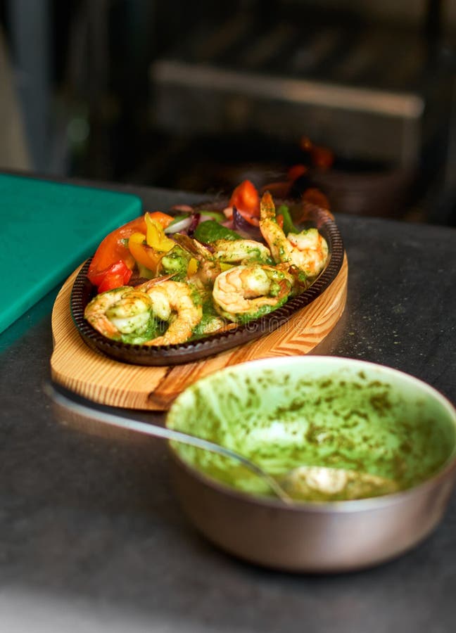 Traditional Mexican Beef Fajitas on Fire in the Kitchen, Also Called ...