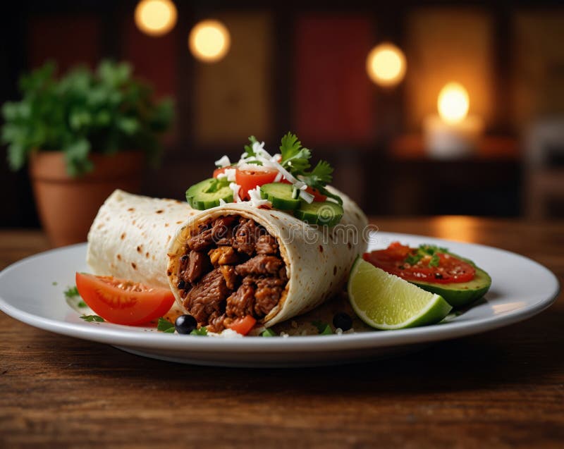 Traditional Mexican Burrito with Beef and Vegetables on Wooden Table ...