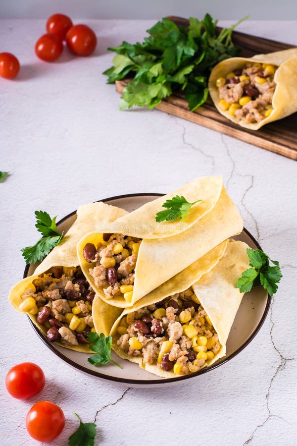 Traditional Mexican Burritos with Minced Meat, Corn and Beans on a ...