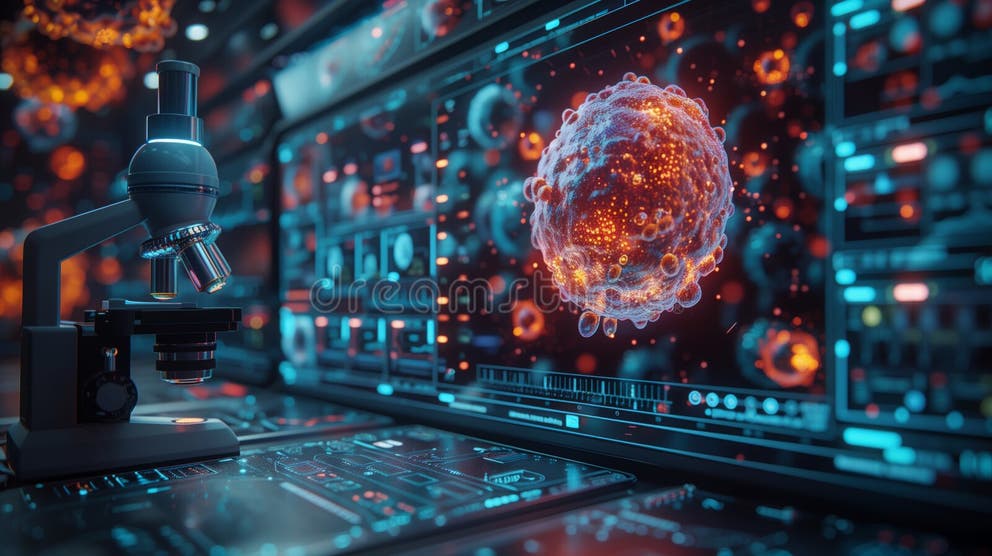 Traditional Microscope and Digital Screen Showing a 3D Model of a Cell ...
