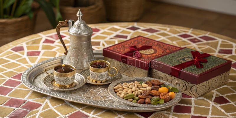 Traditional Middle Eastern Coffee Set with Nuts and Sweets on ...
