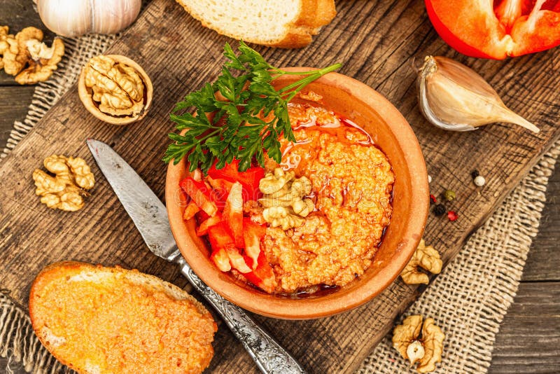 Traditional Middle Eastern Dip Muhammara. Roasted Red Bell Pepper with ...