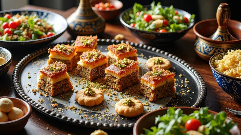 Traditional Middle Eastern Feast Featuring Baklava and Fresh Salads ...